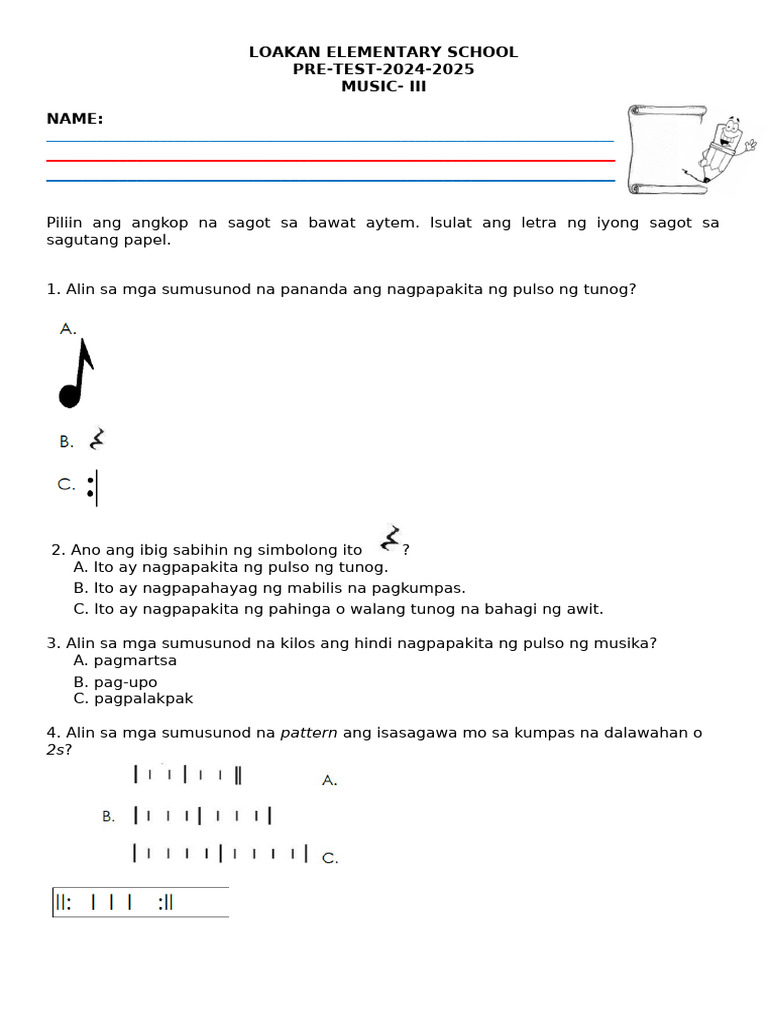 Music Pretest 2024-2025 | PDF