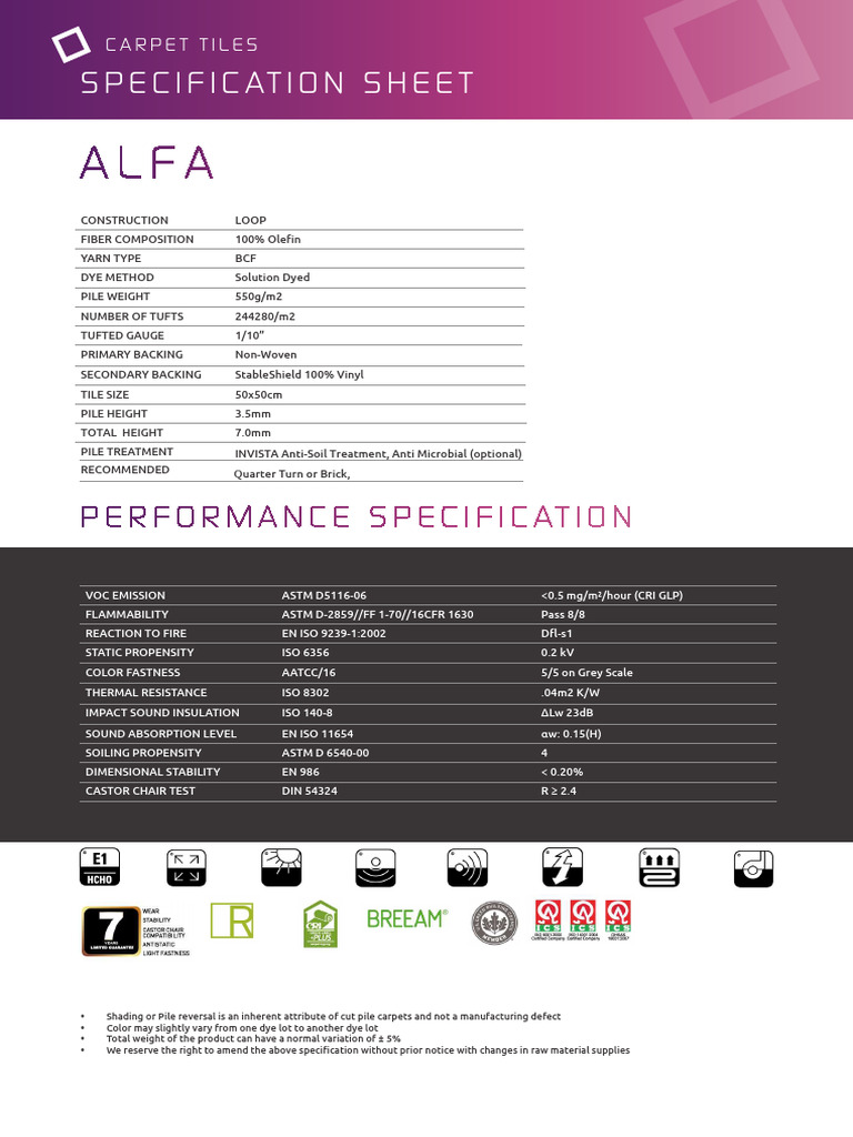 Carpet Tile Specifications - Alfa Model | PDF | Home & Garden