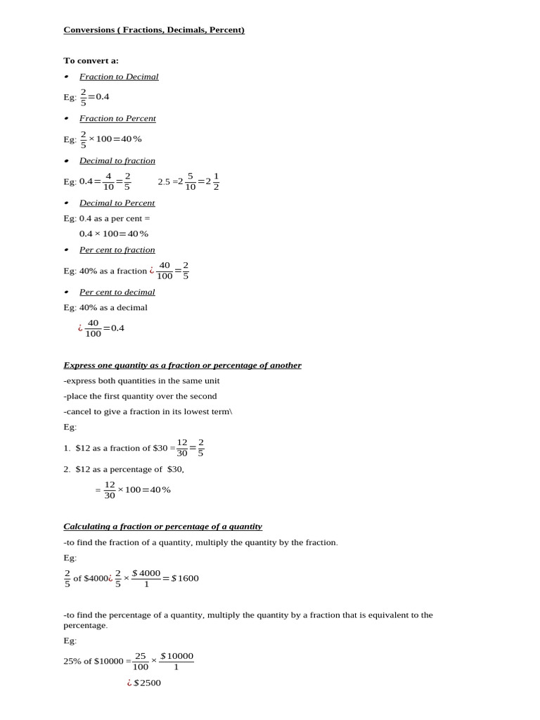 Conversions: Fractions, Decimals, Percent | PDF