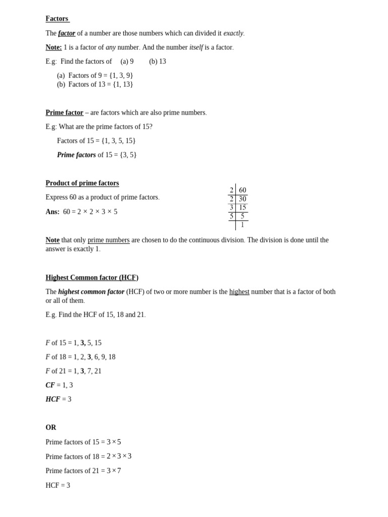 Math Basics: Factors & HCF | PDF