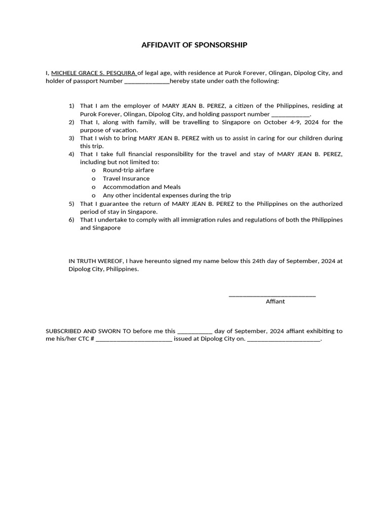 Affidavit Of Sponsorship Pdf Affidavit Immigration