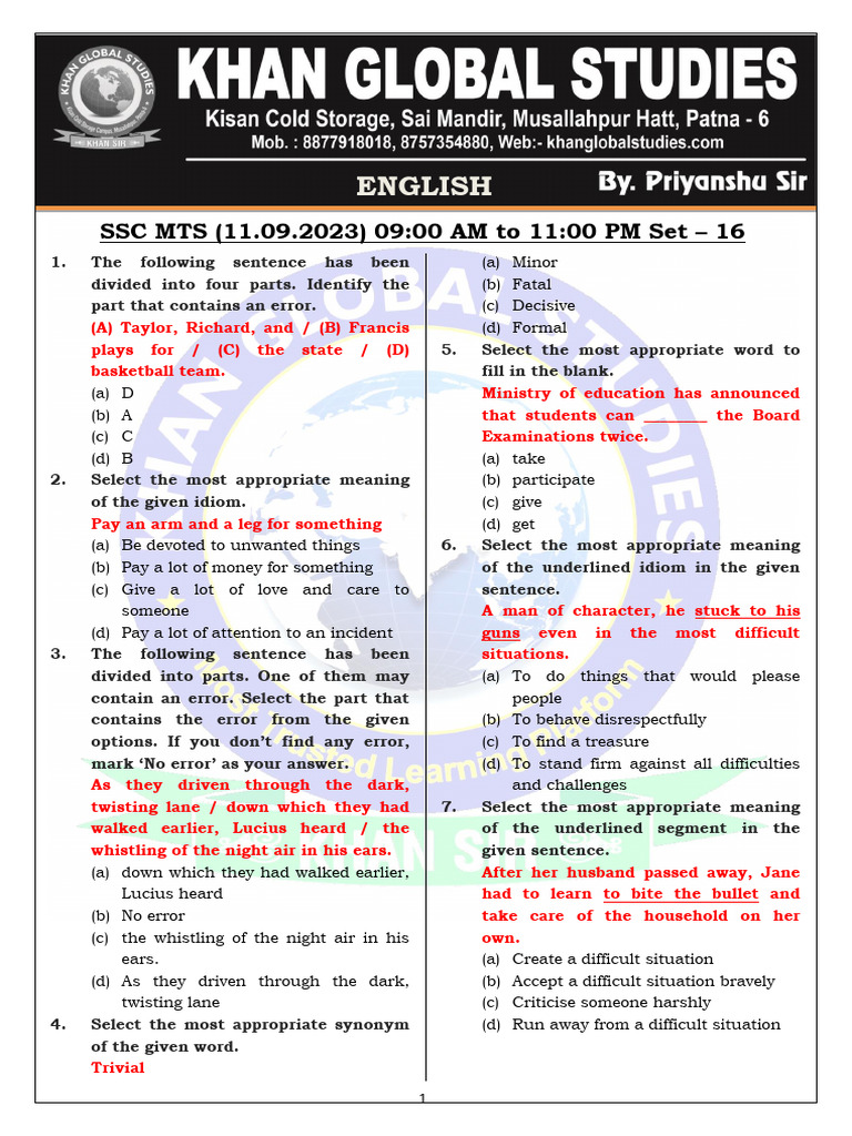 SSC MTS English Practice Set-16 (Printable PDF) - 6201386989 | PDF ...