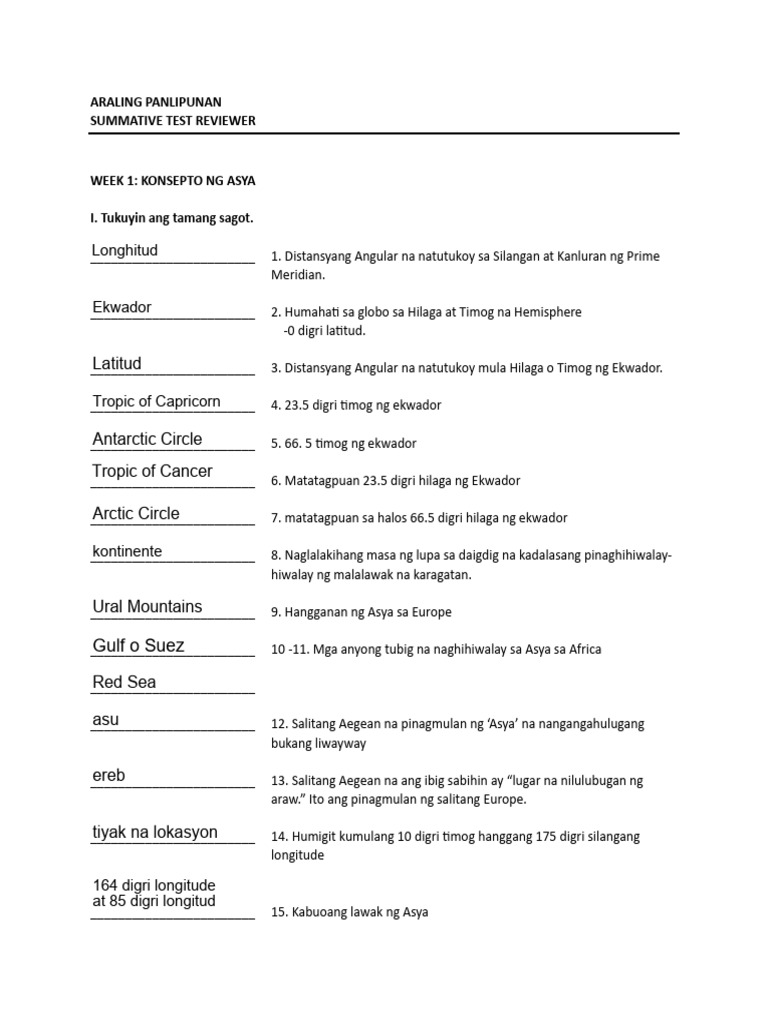 AP SUMMATIVE TEST REVIEWER - Answer Key | PDF