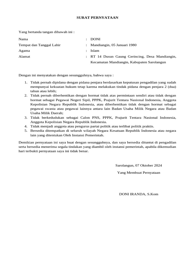 Surat Pernyataan Doni | PDF