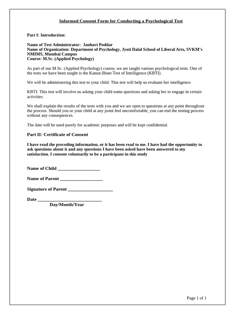 Psychological Test Consent Form | PDF