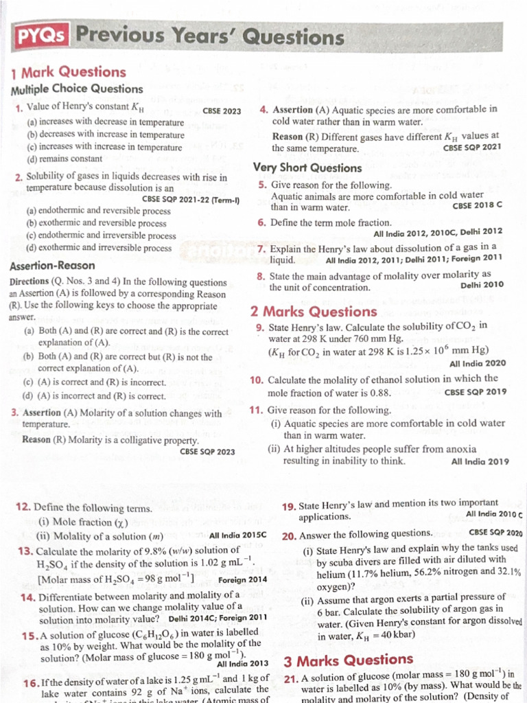 PYQ'S of Solution (Revision) | PDF