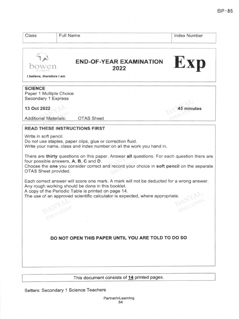 Bowen Secondary EOY 2022 Sec 1 Science Group 3 | PDF | Gases | Proton