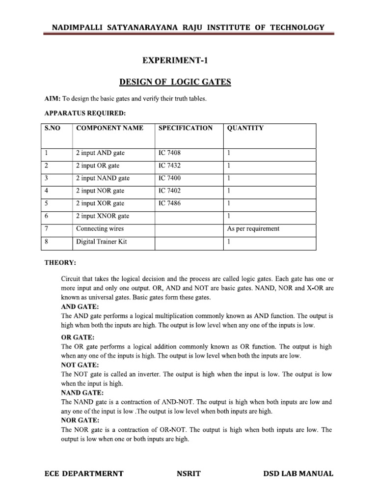 Logic Gates Lab Mannuel | PDF