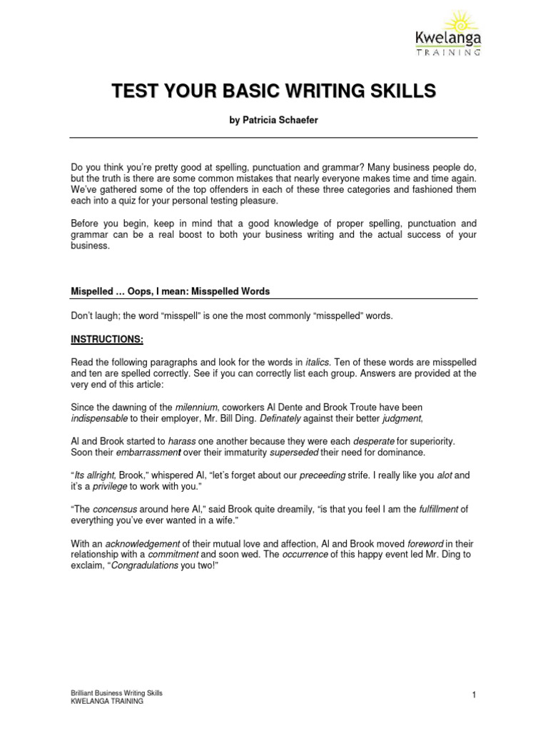 Test Your Basic Writing Skills | PDF | Grammatical Number | Verb