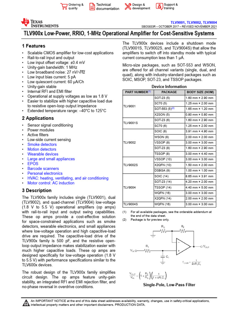 TLV9001 | PDF | Amplifier | Operational Amplifier