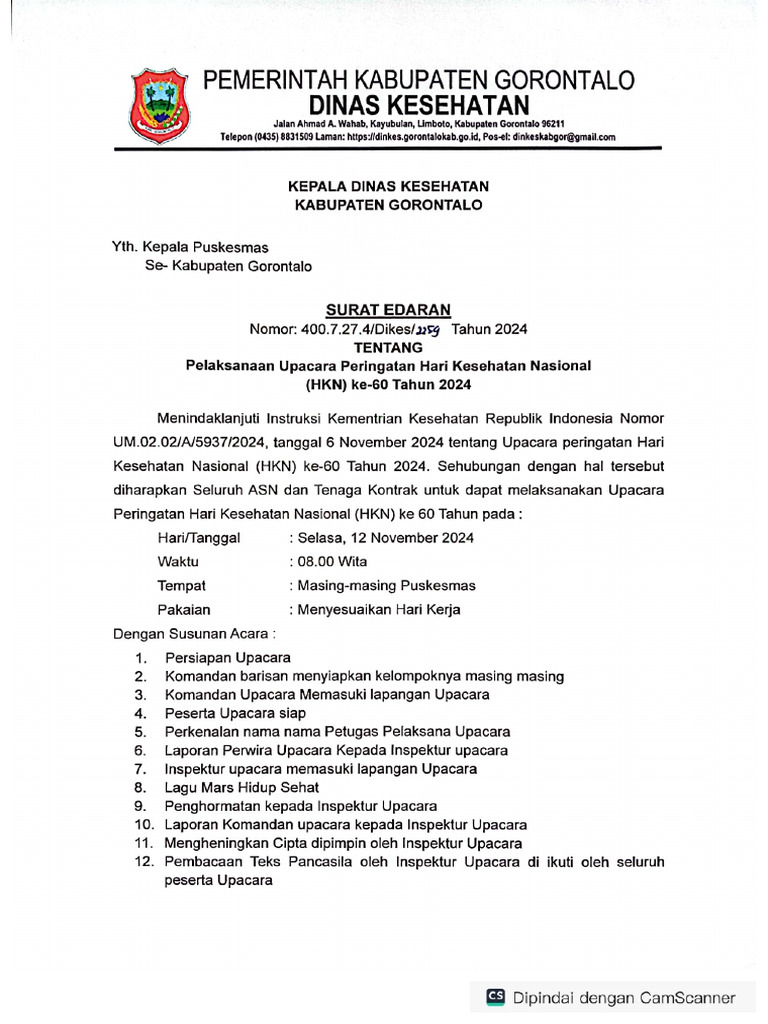 Surat Edaran - Pelaksanaan Upacara Peringatan Hari Kesehatan Nasional Tahun 2024 | PDF