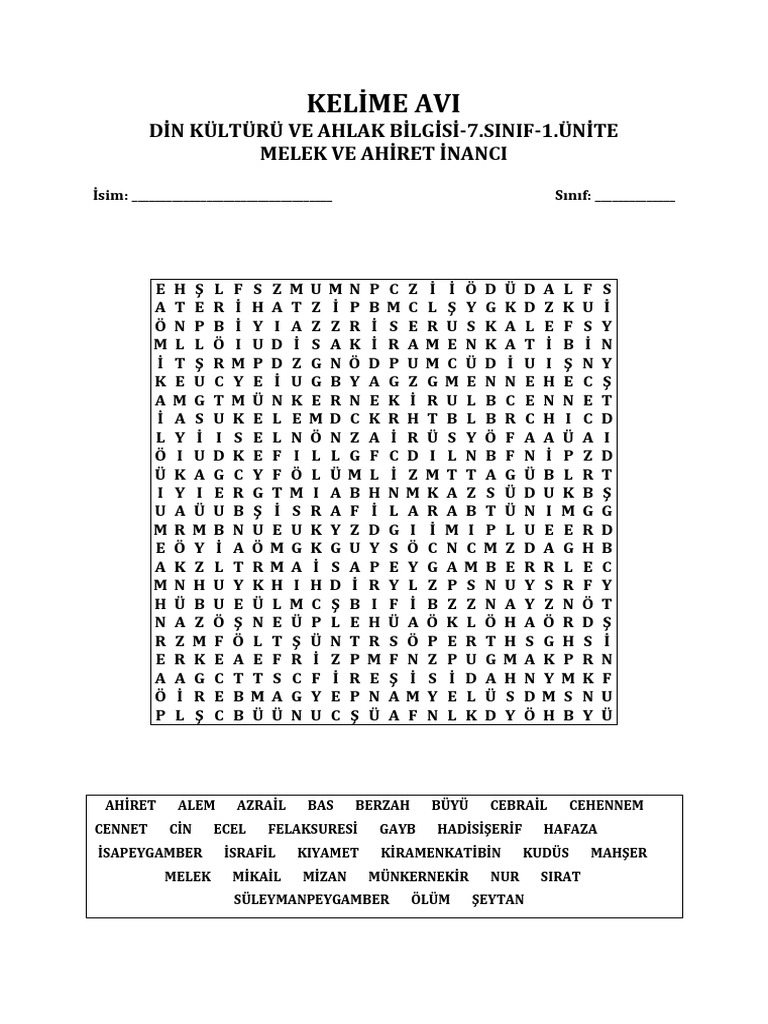 Cemilefl - KELİME AVI-DİN KÜLTÜRÜ VE AHLAK BİLGİSİ-7.SINIF-1.ÜNİTE-MELEK VE AHİRET İNANCI | PDF