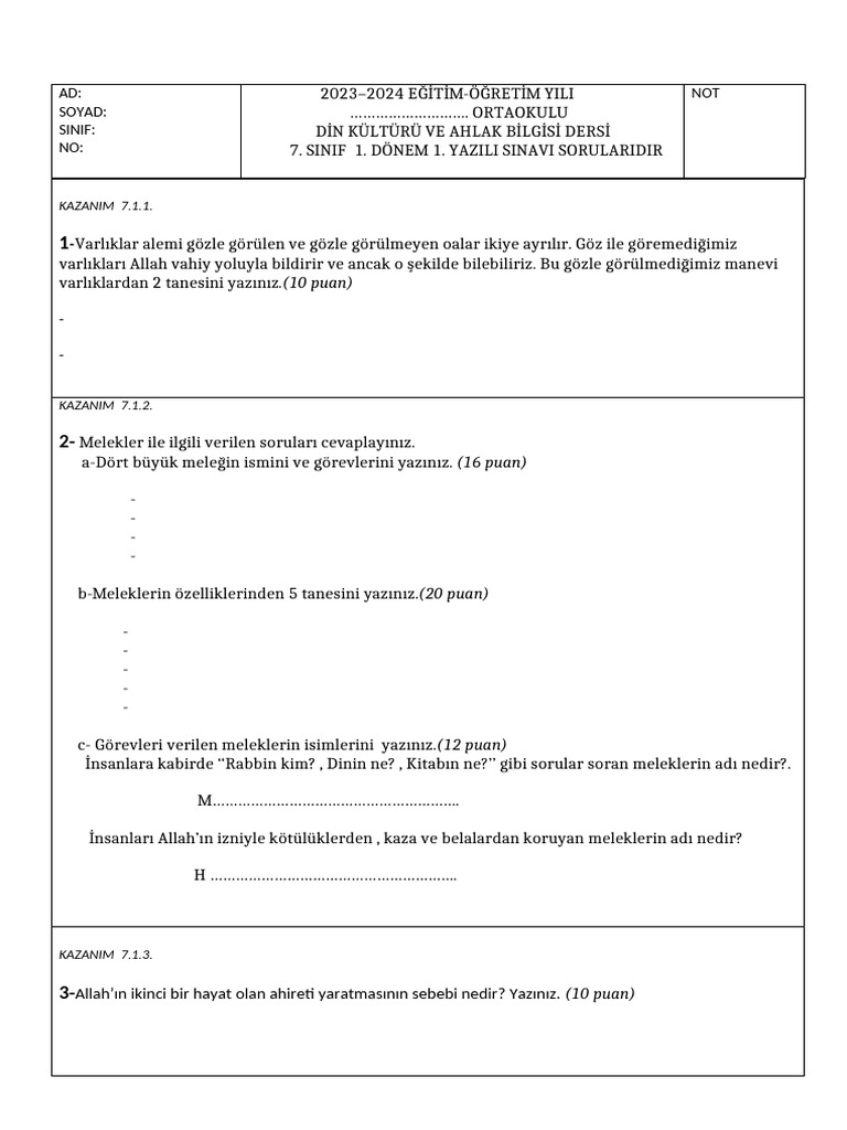 7 Dkab 1 Sinav | PDF