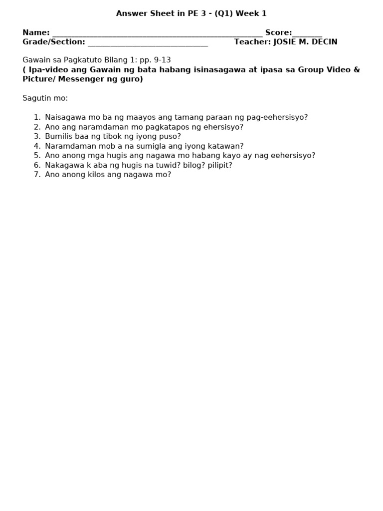 Answer Sheet in PE Week 1 | PDF