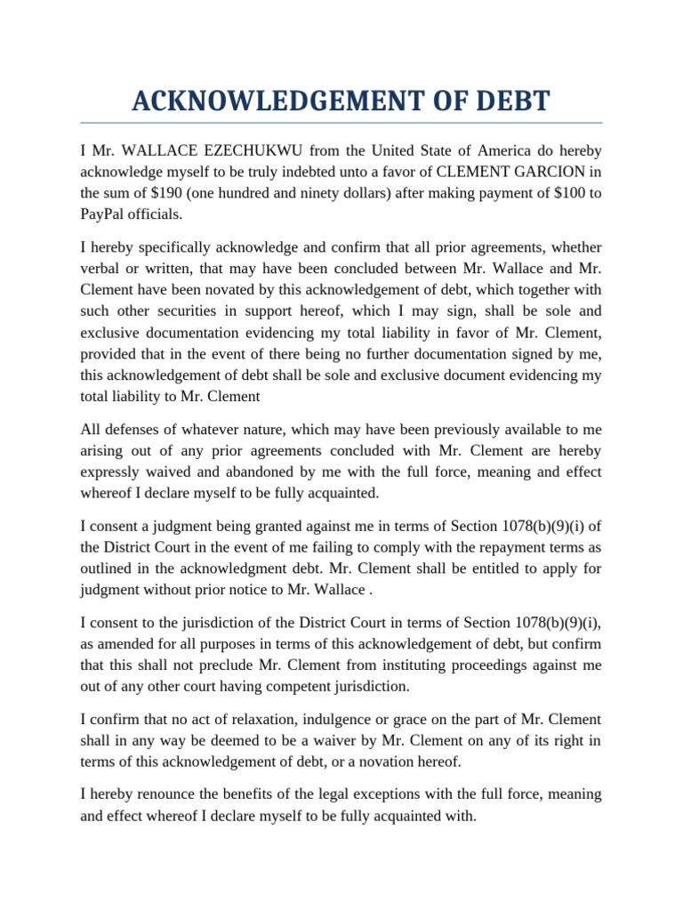 Acknowledgement of Debt | PDF | Debt | Business Law