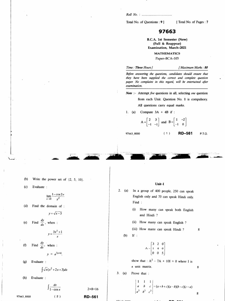 Bca 1 Sem Mathematics 97663 Mar 2021 | PDF