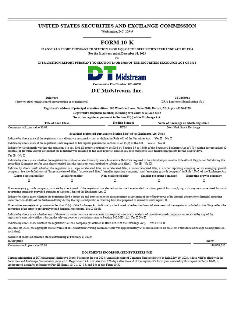 DT Midstream - Annual Report 2023 | PDF | Form 10 K | Natural Gas