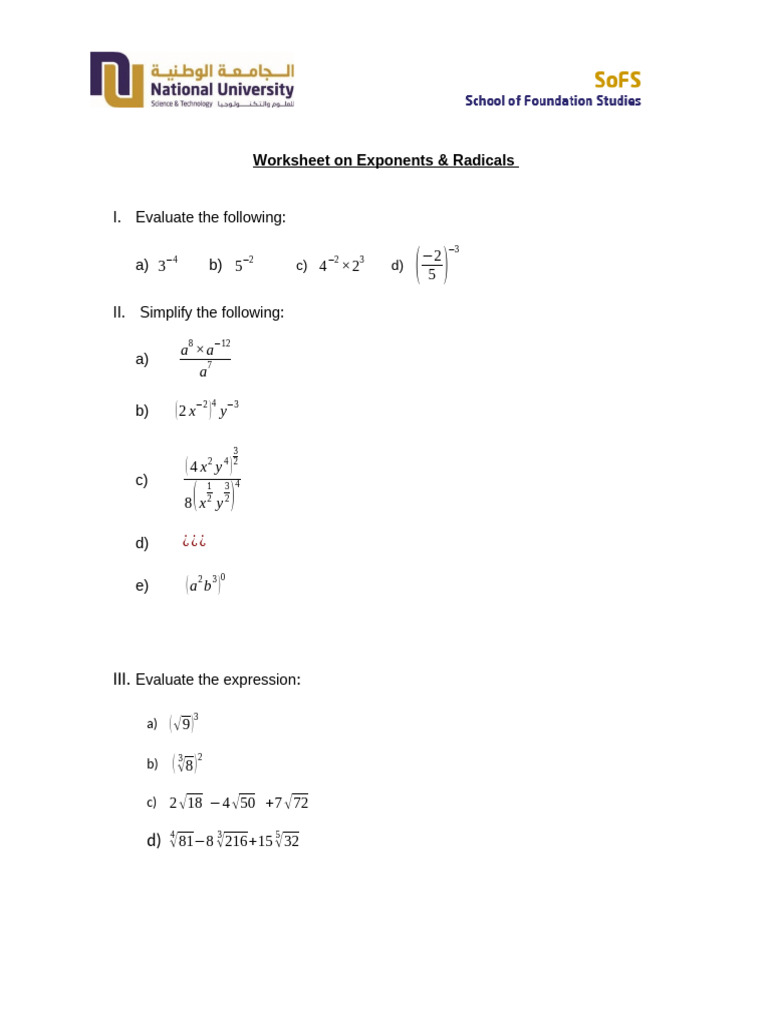 2-Worksheet On Exponents & Radicals | PDF | Science & Mathematics ...