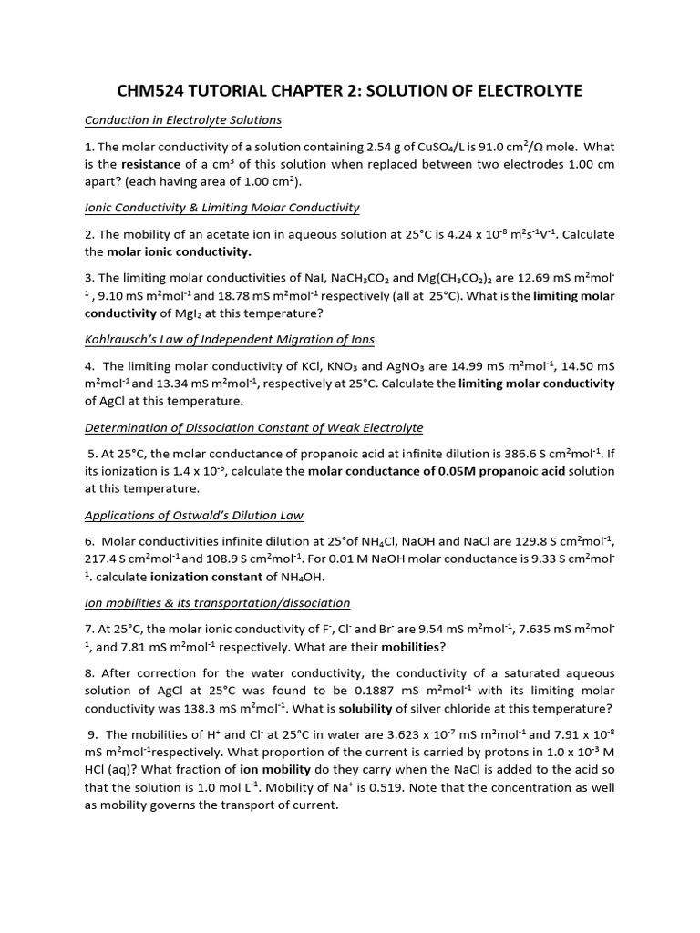 Tutorial Chapter 2 Solution of Electrolyte Questions | PDF | Chemistry | Physical Chemistry