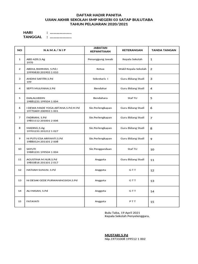 Daftar Hadir Panitia | PDF