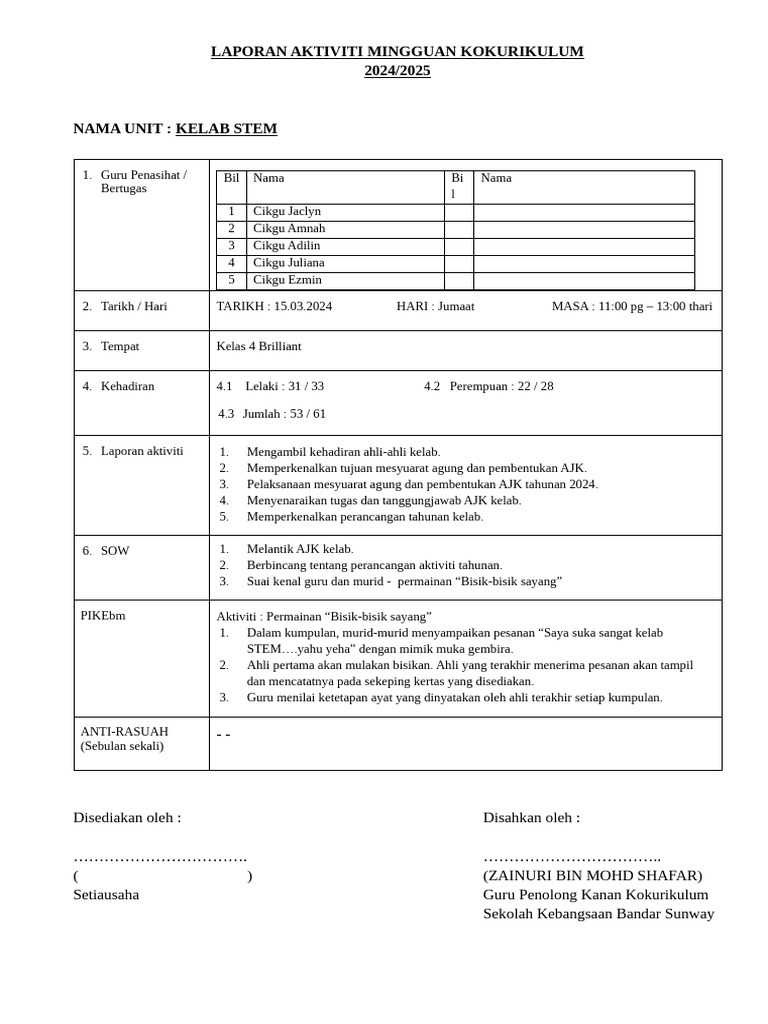 Laporan Aktiviti Mingguan Kokurikulum | PDF
