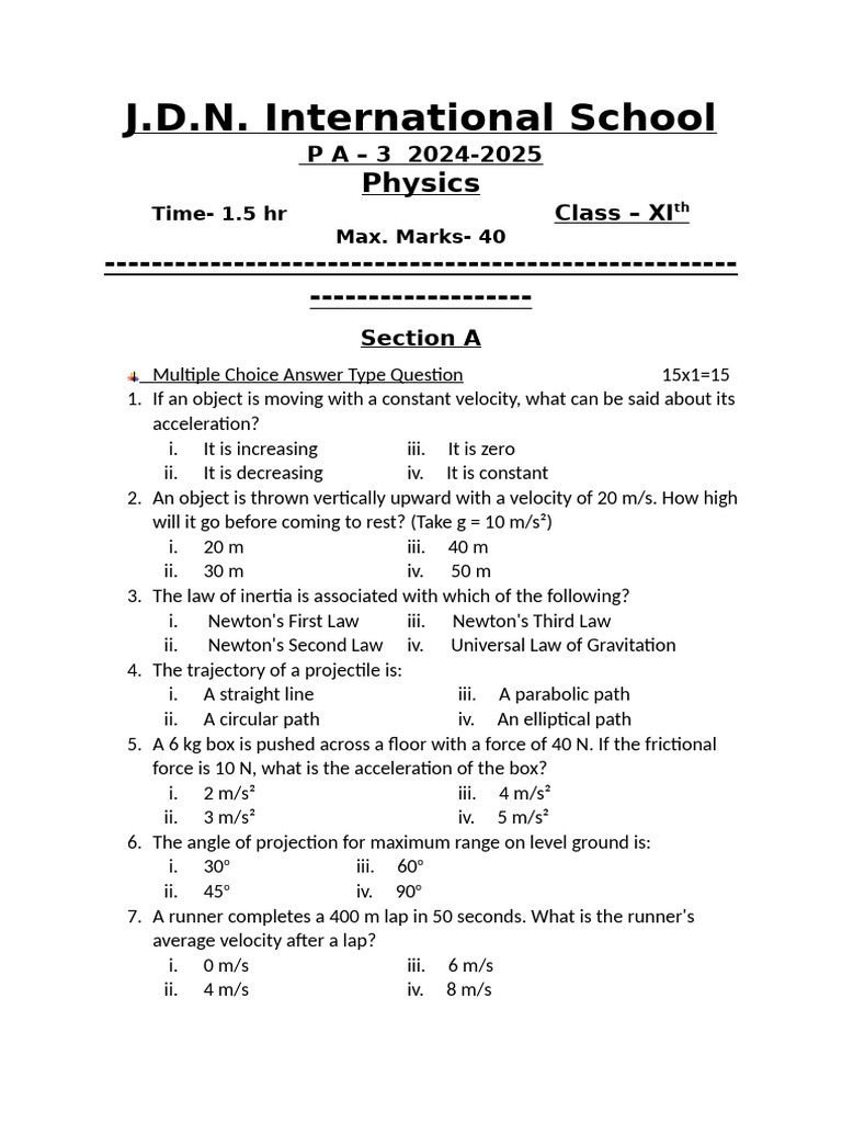 Chemistry Class XI UT 2024-25 | PDF | Acceleration | Momentum
