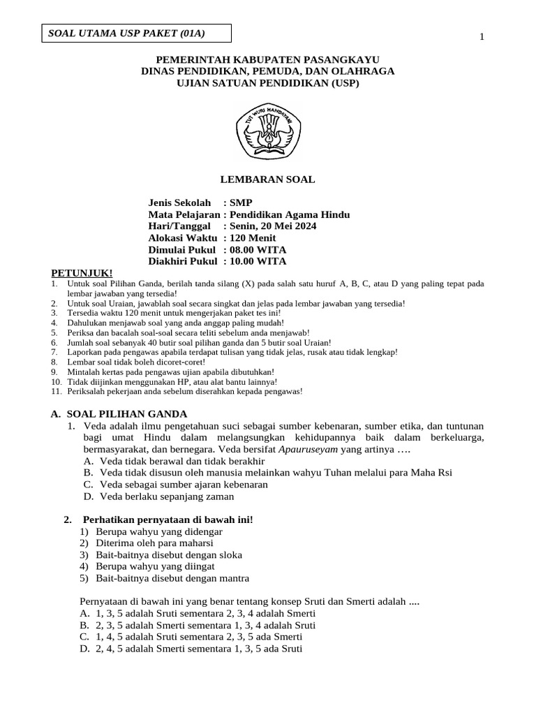 Soal Utama Usp - Agama Hindu - 2023-2024 | PDF