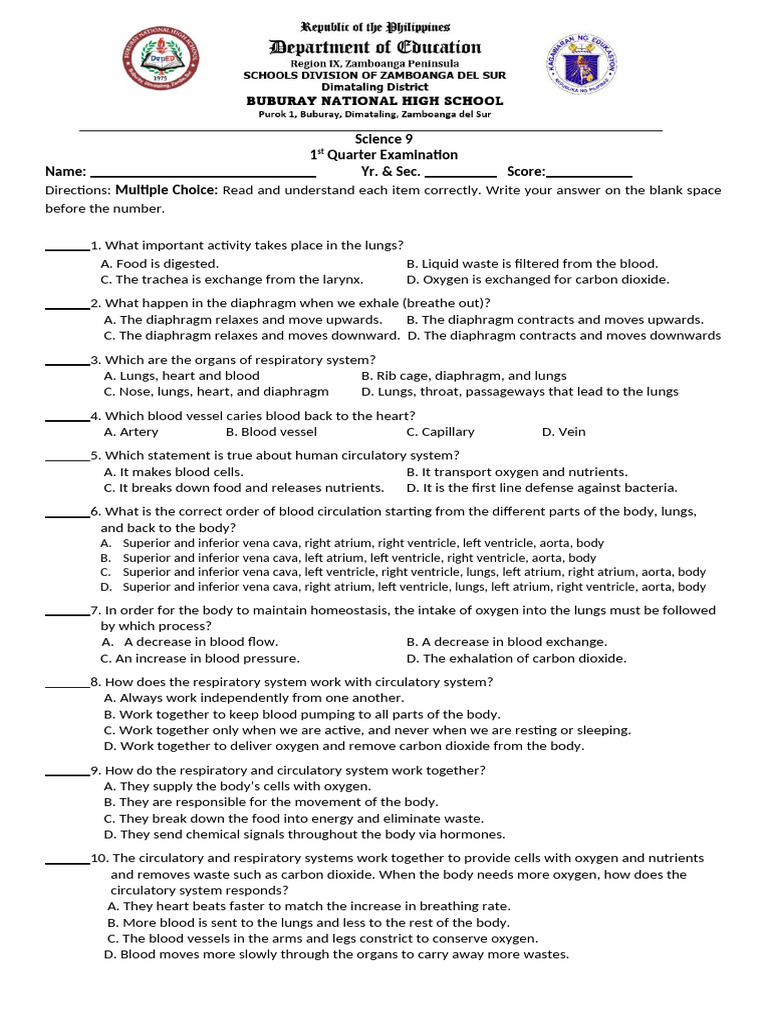 Grade 9 Science 1st Quarter Exam | PDF | Cellular Respiration | Lung