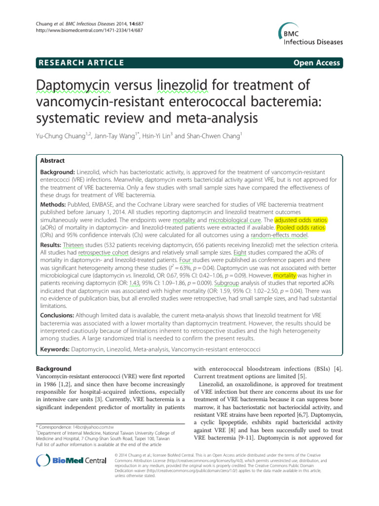 (BMC Inf 2014) Linexolid Vs Daptomycin For VRE Bacteremia Meta-Analysis ...