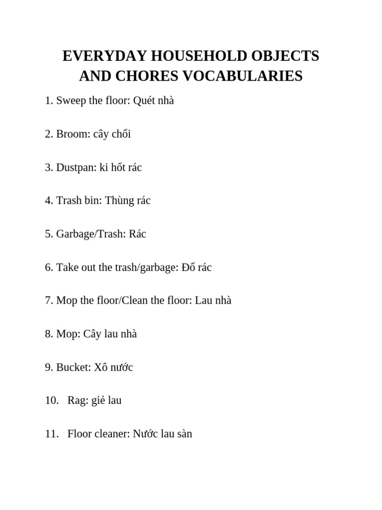Everyday Household Objects and Chores Vocabularies | PDF