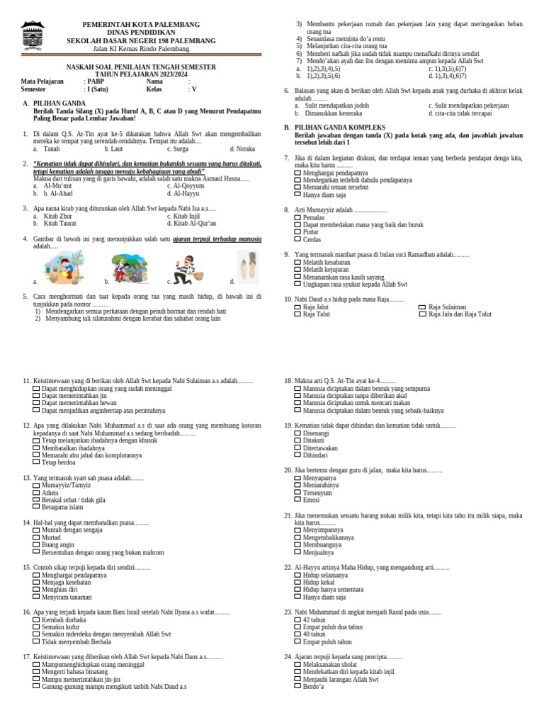 Soal Pas Pai Kelas 5 Semester 1 | PDF
