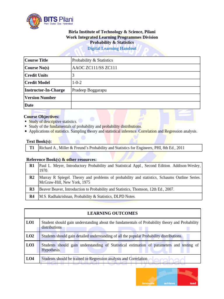 Probability & Statistics Course Guide | PDF | Probability Distribution | Variance