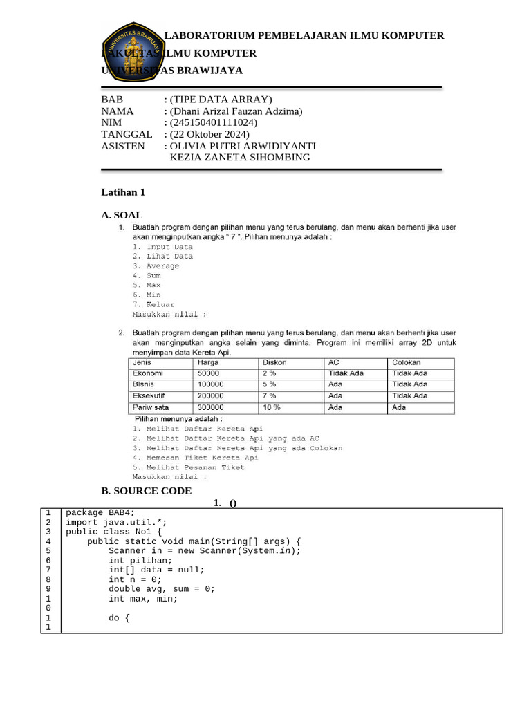 Format Laporan Praktikum Pemrograman Dasar - TipeData Array | PDF