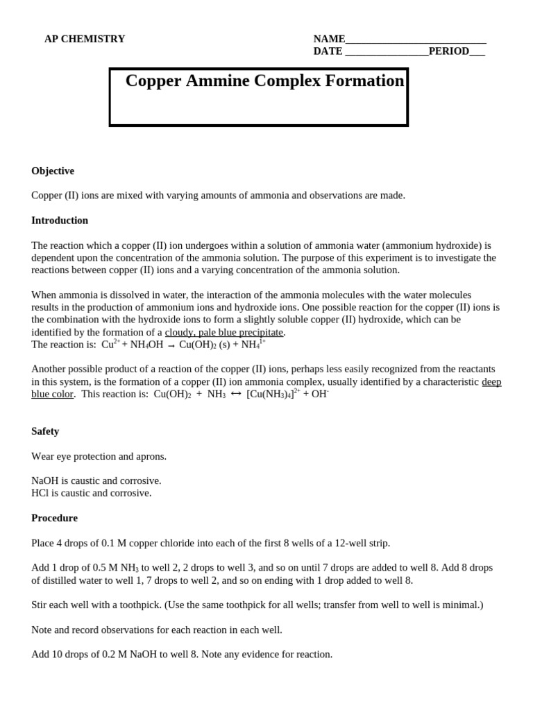 Copper Ammine Complex Formation Lab Notebook | PDF | Ammonia | Chemical ...