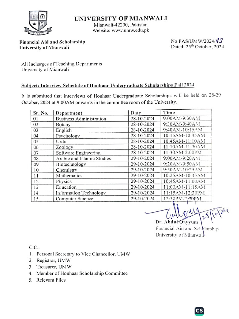 Interview Schedule Honhaar Scholarships Fall 2024 | PDF