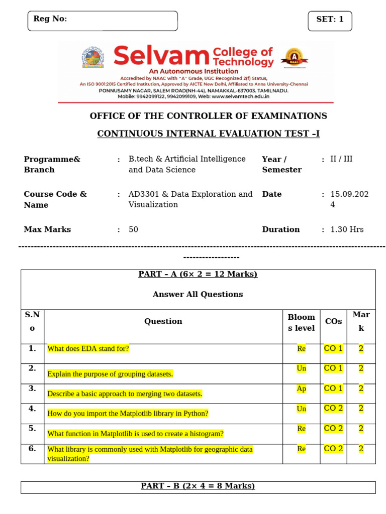 Office of The Controller of Examinations Continuous Internal Evaluation ...