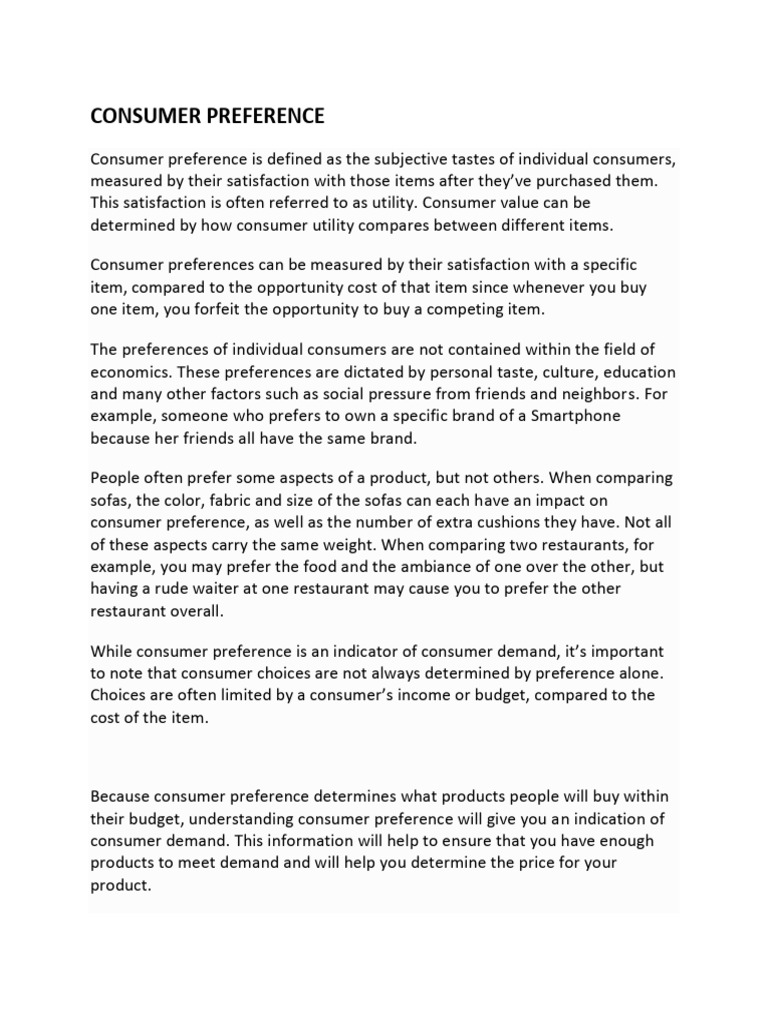 CONSUMER PREFERENCE | PDF | Customer Satisfaction | Business Economics