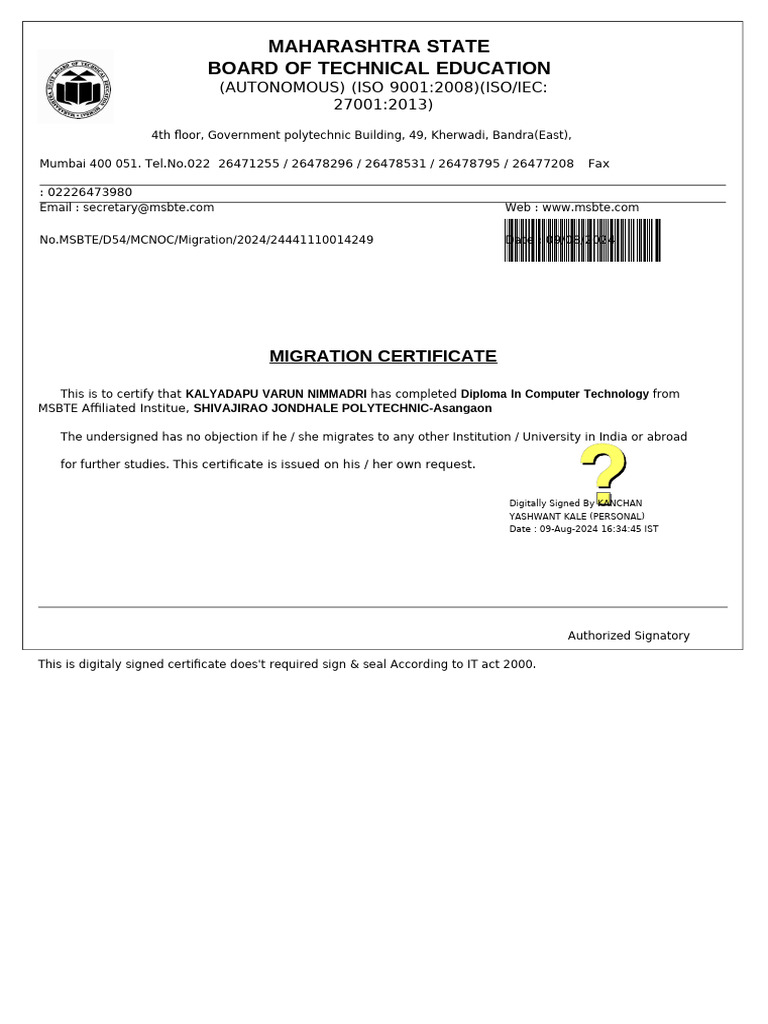 MSBTE Diploma Migration Certificate | PDF