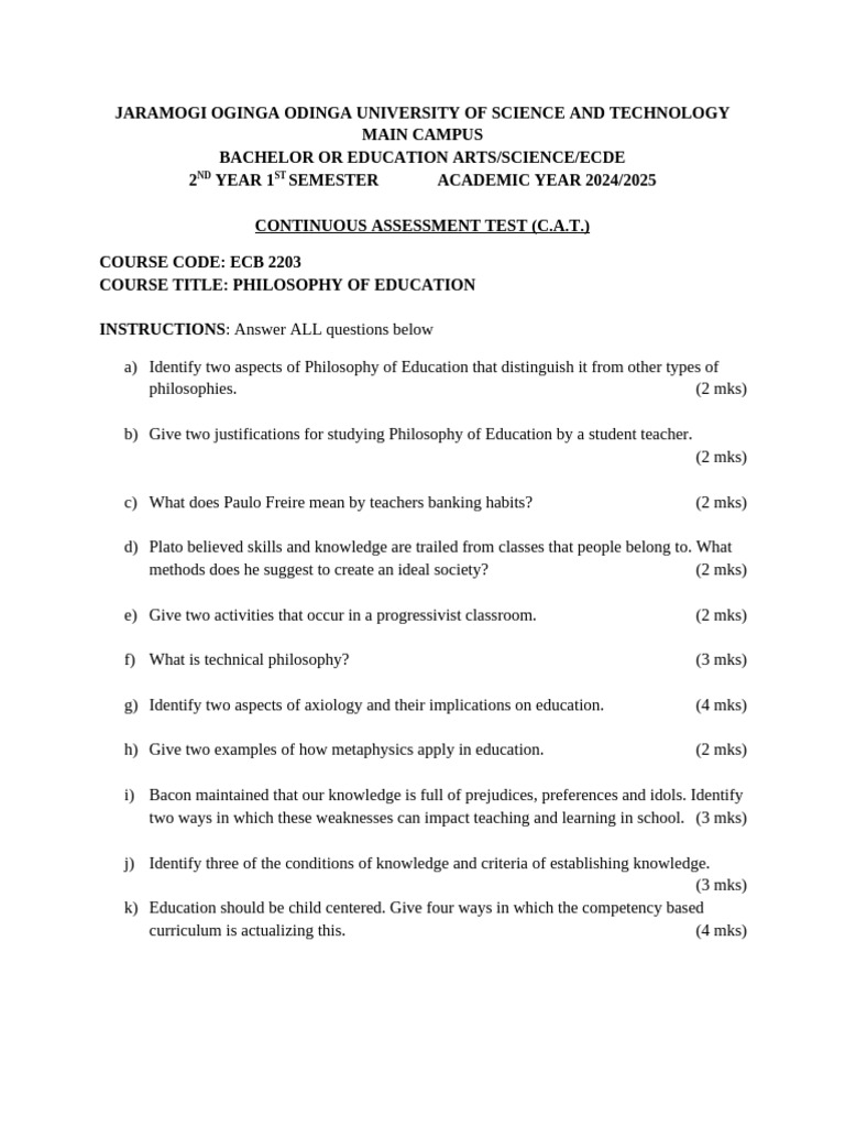 Ecb 2203 Philosophy of Education C.A.T. For 2ND Year 1ST Semester, 2024 ...