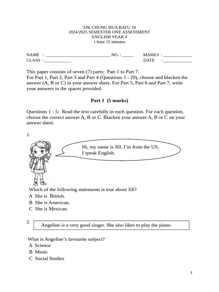 English Year 4 Assessment | PDF