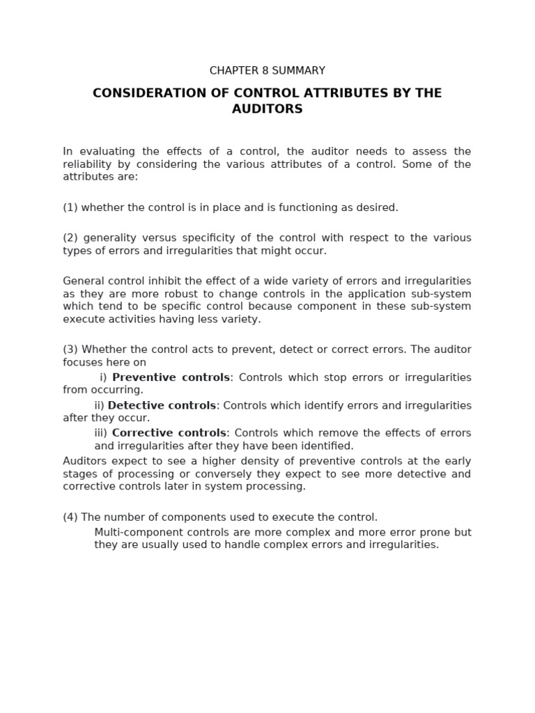 Chapter 8 Summary Consideration of Controls Attributes by The Auditor ...