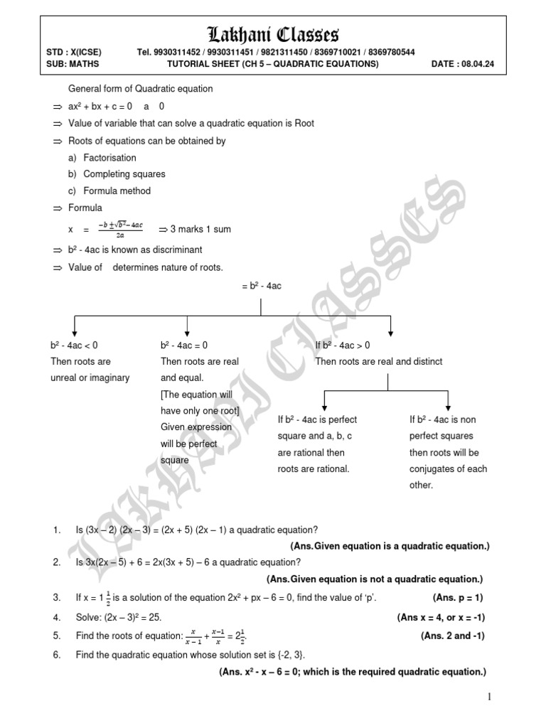 08.04.24 X (Icse) Maths Tutorial Sheet - 1 (CH - 5 - Quadratic ...