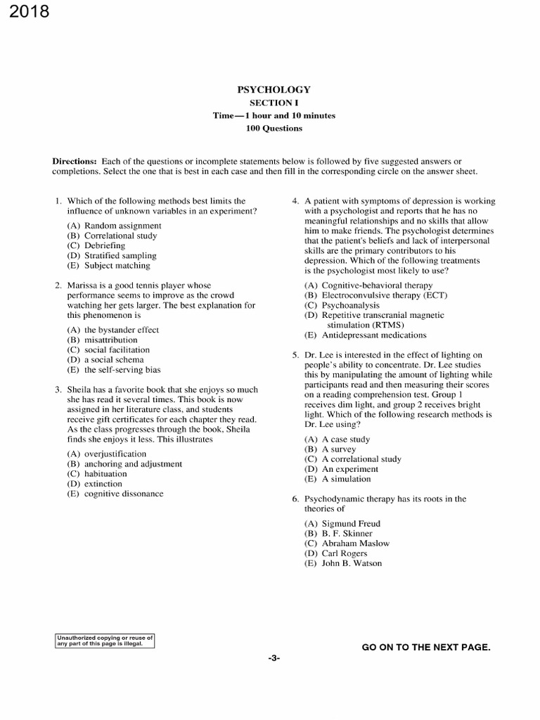 2018 AP Psychology Test Paper | PDF