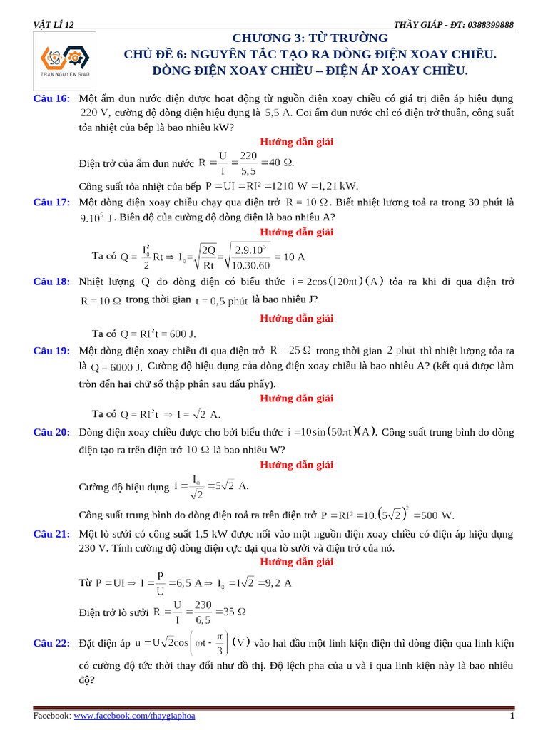 CĐ6. NGUYÊN TẮC TẠO RA DÒNG ĐIỆN XOAY CHIỀU. DÒNG ĐIỆN XOAY CHIỀU ĐIỆN ÁP XOAY CHIỀU.TLN | PDF