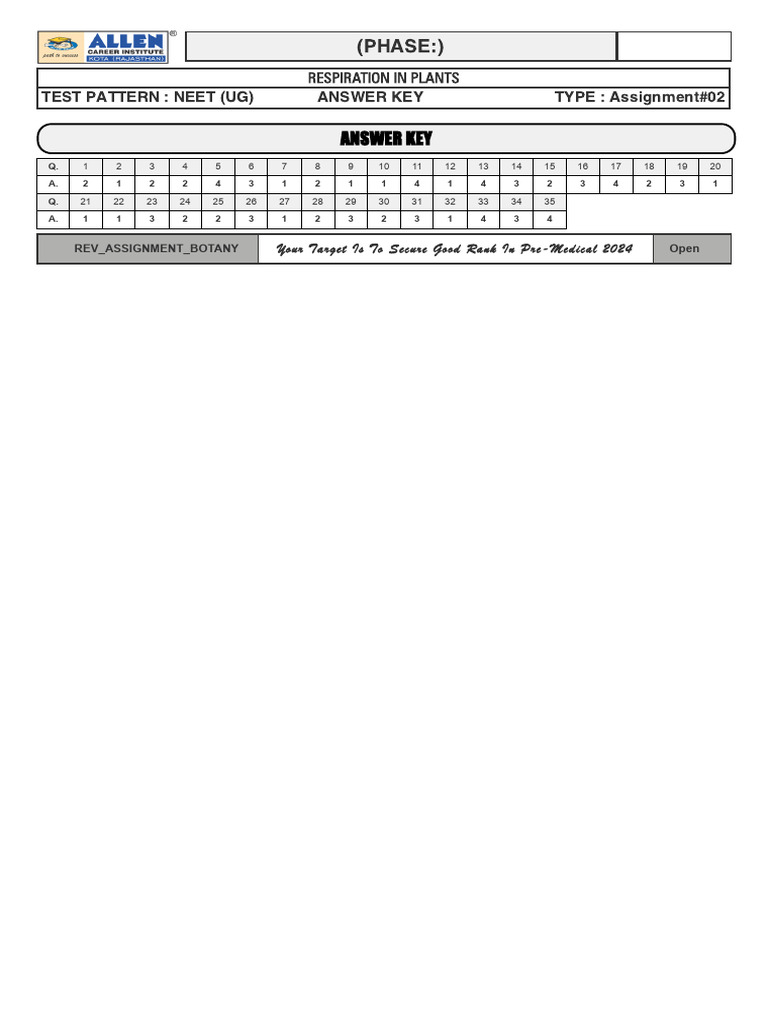 Bot Rev Assign#01 Respiration in Plants Key | PDF