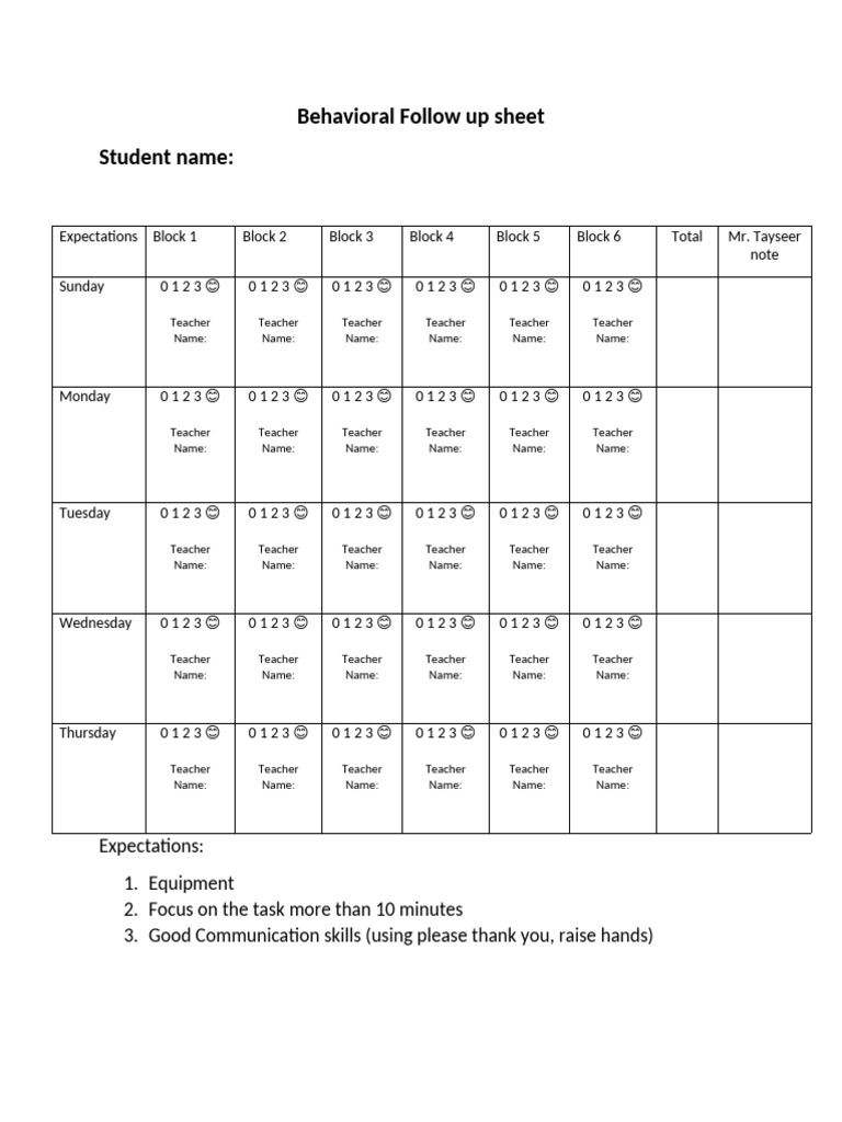 Behavioral Follow Up Sheet | PDF