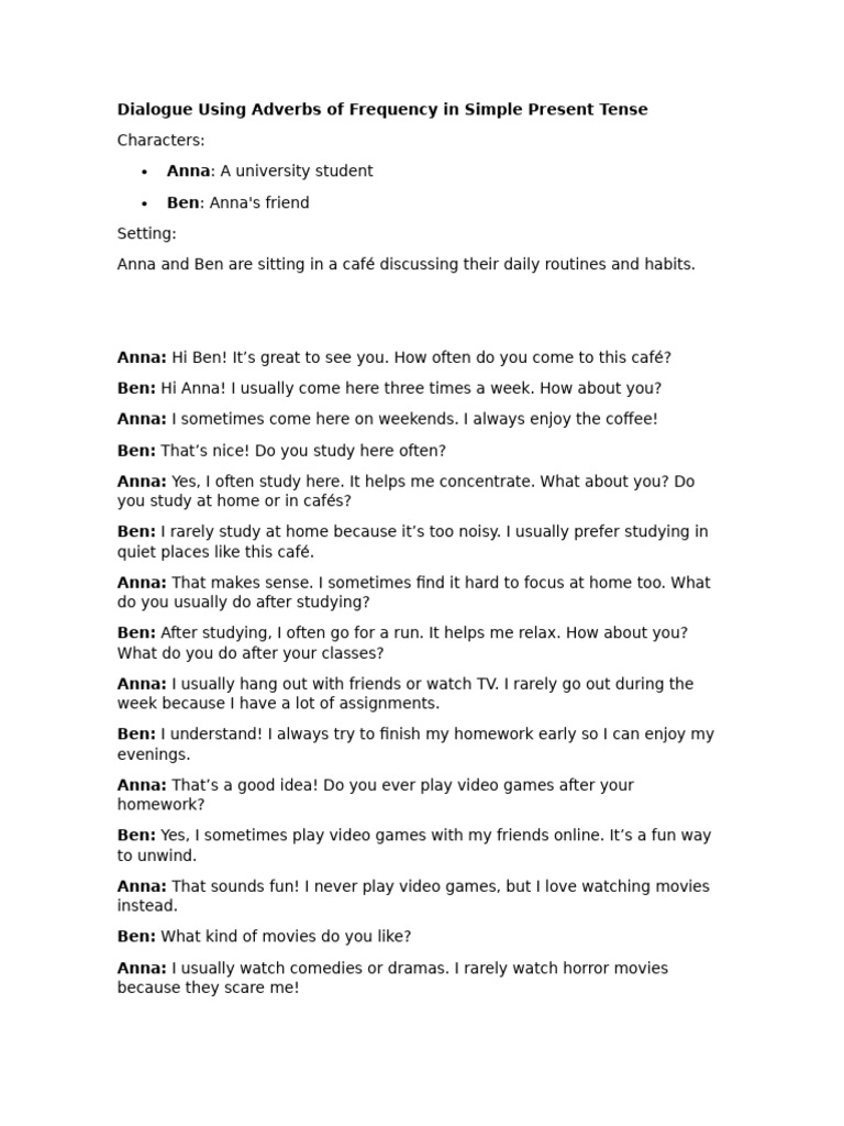 Simple Present Tense Dialogue with Adverbs | PDF | Coffeehouse