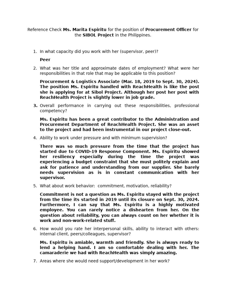 Reference Check of Ms. Marita Espiritu For Procurement Officer | PDF | Procurement | Behavioural ...