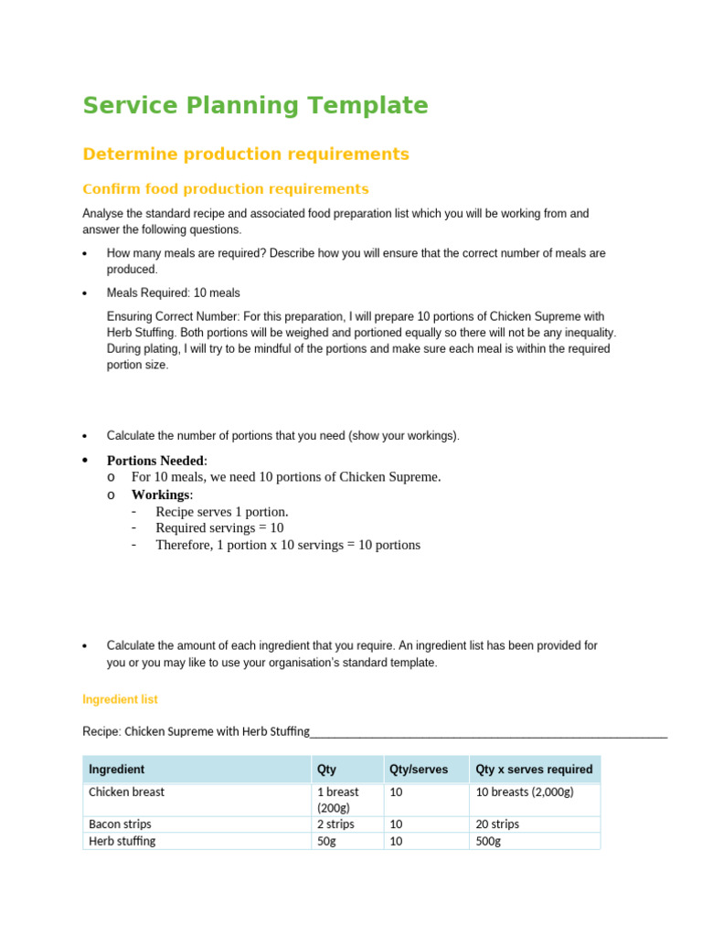 Service Planning Template | PDF | Cooking | Stuffing