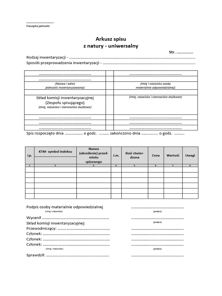 Uniwersalny Arkusz Spisu Z Natury | PDF